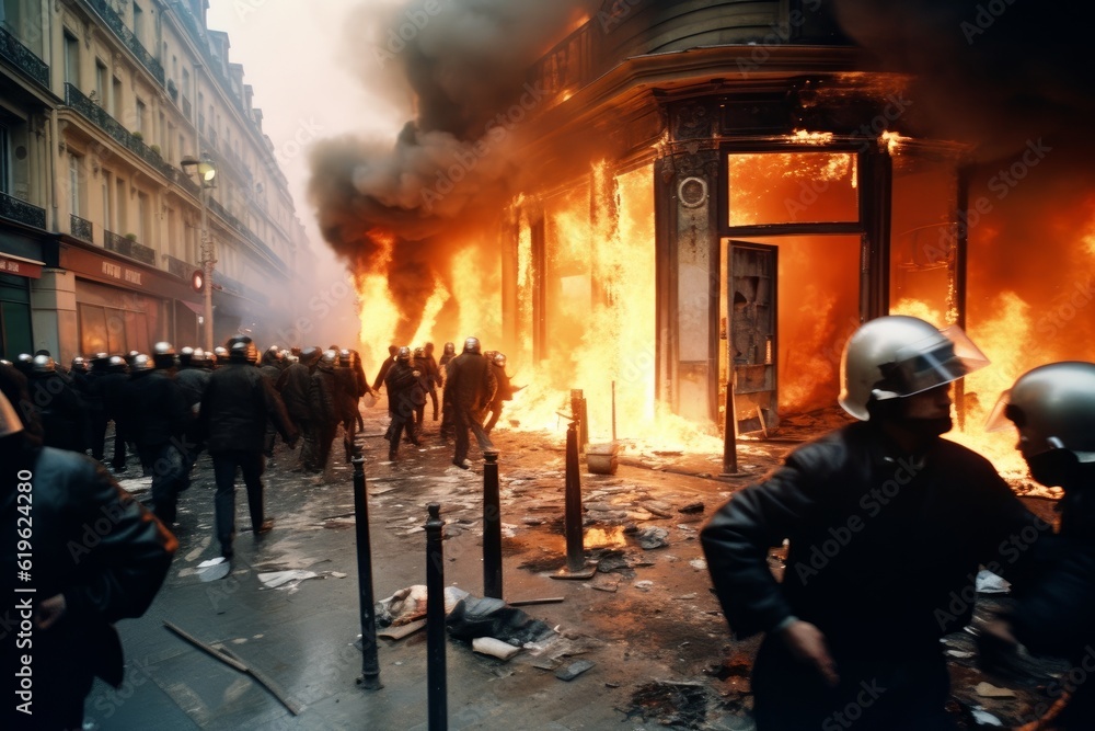a documentary photo of revolutionary riots and protests. burning ...