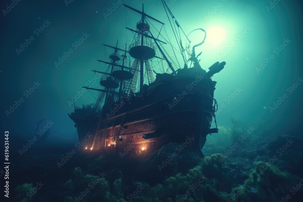 Glowing sunken pirate ship underwater with a giant squid. beautiful ...