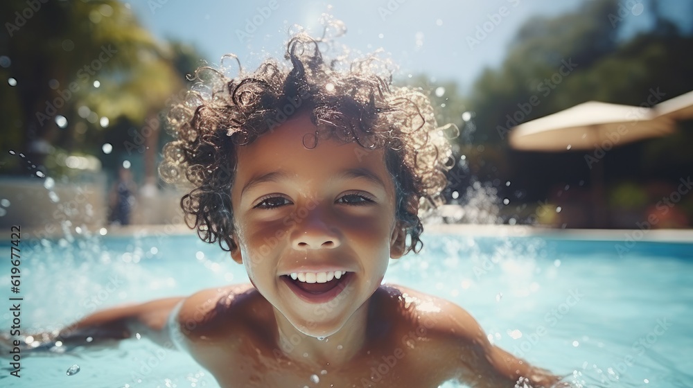 Happy child splashes and plays in a swimming pool. Splash pad smile and ...