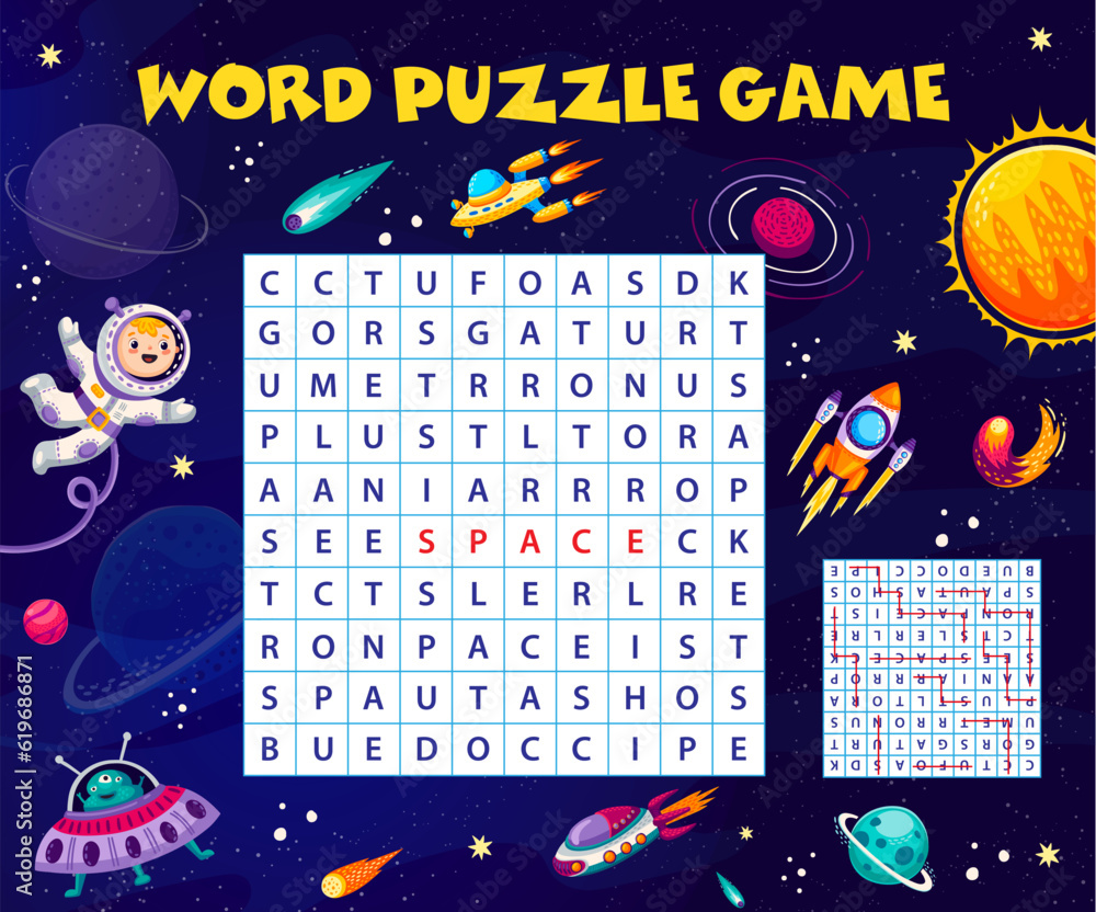 Word search puzzle game. Cartoon cheerful astronaut, fast ufo and ...