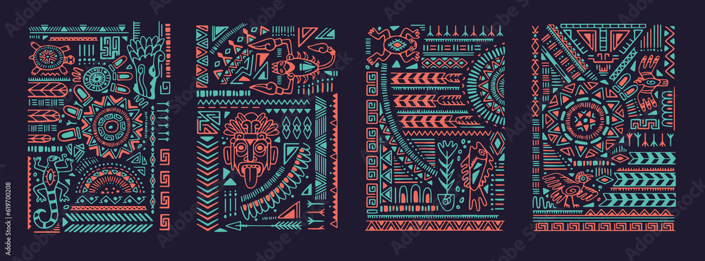 Ethnic tribal posters set. Ancient Aztec tribe wall arts. Mexican cards ...
