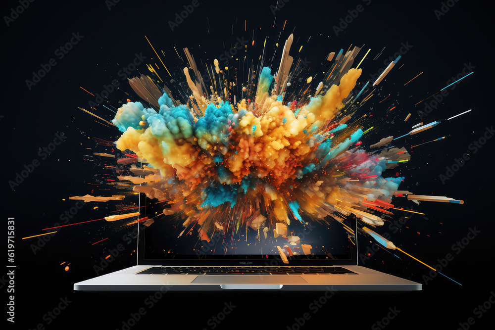 Broken computer front view on flat colored background. Exploding laptop ...