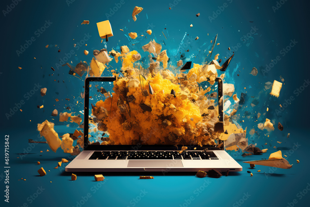 Broken computer front view on flat colored background. Exploding laptop ...
