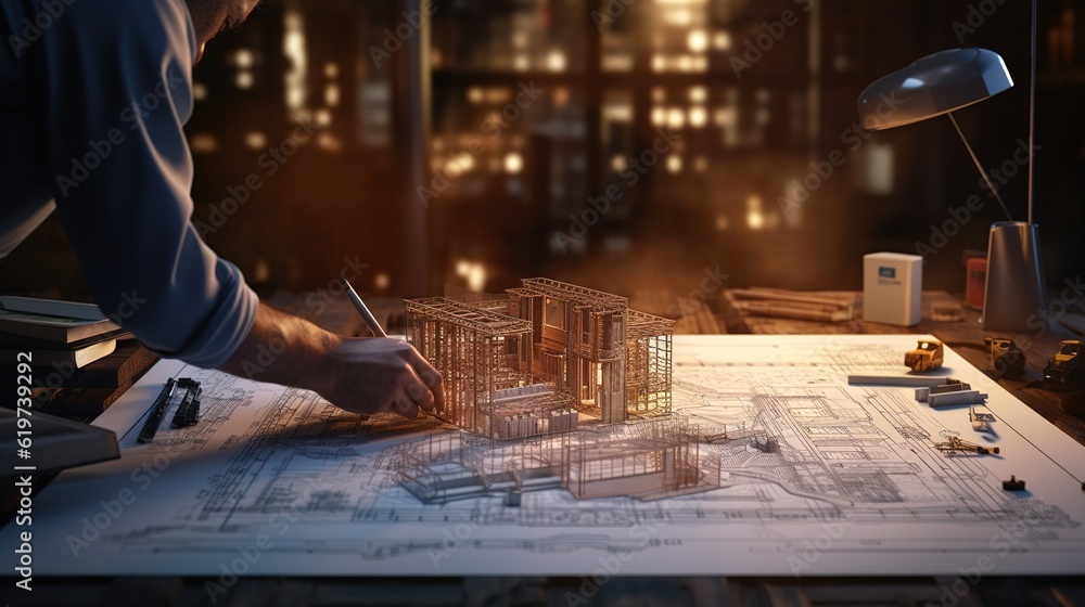 Engineering, building and aerial of construction worker with blueprint ...
