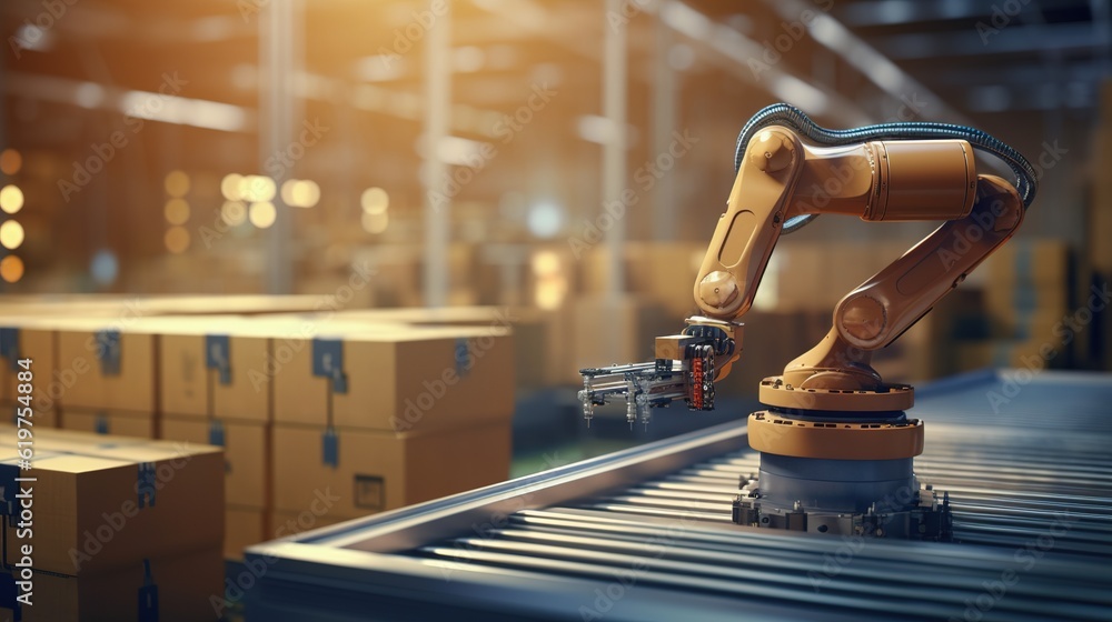 Industrial robot arm grabbing the cardboard box on roller conveyor rack ...