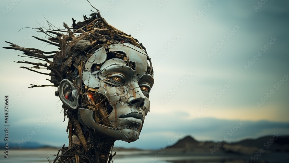 Expressive junkyard scrap metal panel sculpture, effigy of a gigantic ...