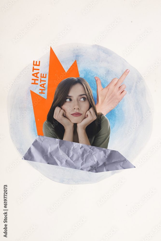 Vertical collage picture of unsatisfied girl suffer hate big arm ...