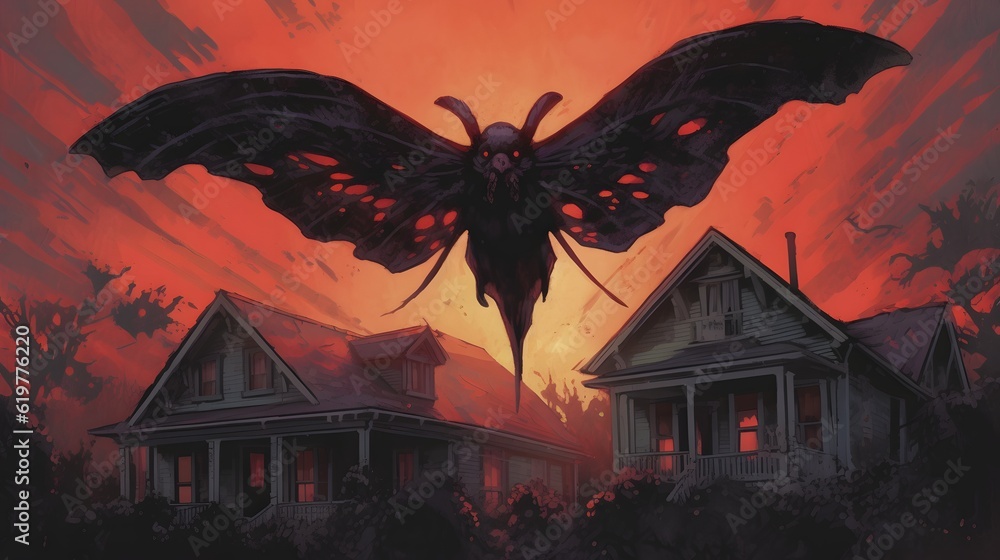 Mothman over the small American town. Illustration based on the urban legend of Point Pleasant ...