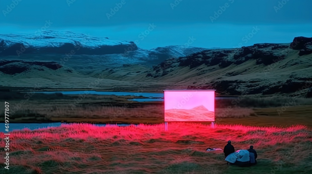 Pink movie screen in nature. Landscape created with Generative AI Stock ...