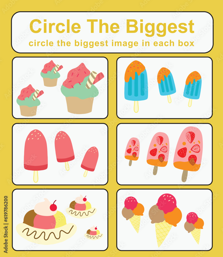 Educational game for children. Circle the biggest object in each box ...