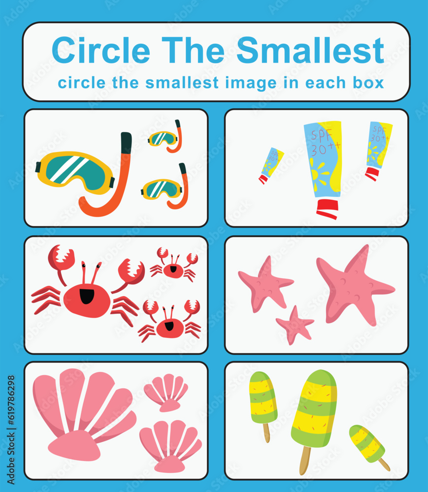 Educational game for children. Circle the smallest object in each box ...