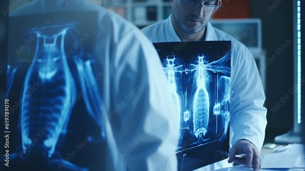 Orthopedic surgeon doctor examining patient's knee joint x-ray films ...