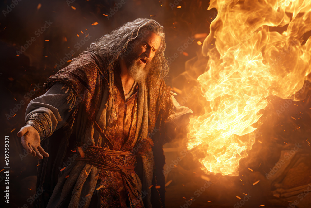 Gods appearance to Moses at the burning bush in the desert on Mount ...