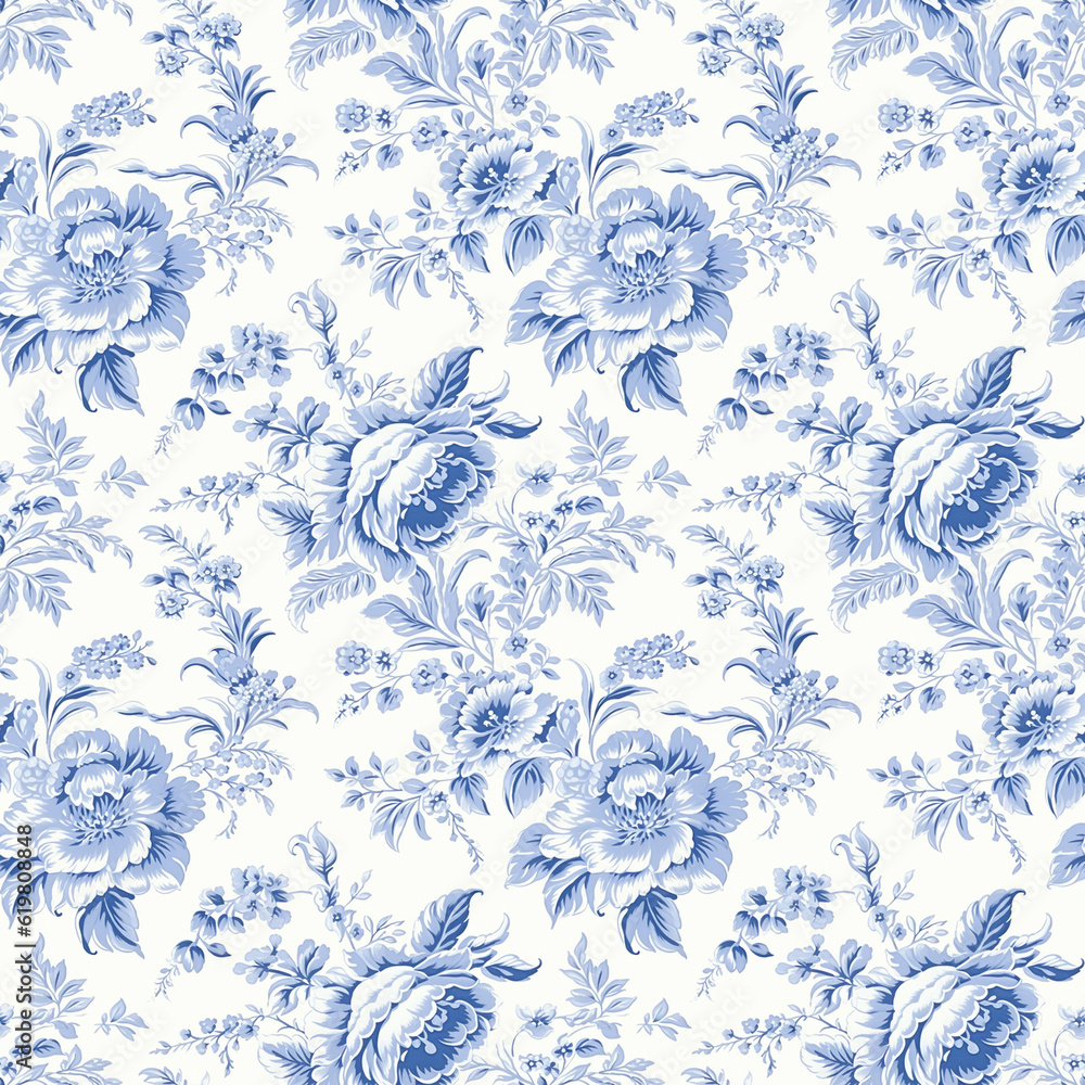 Vintage French Floral Toile Blue pattern Stock Illustration | Adobe Stock