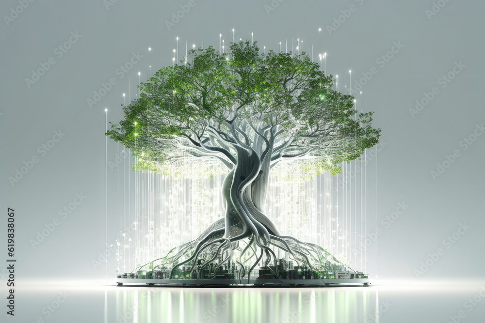 Generative AI illustration of beautiful glowing tree growing on cities ...