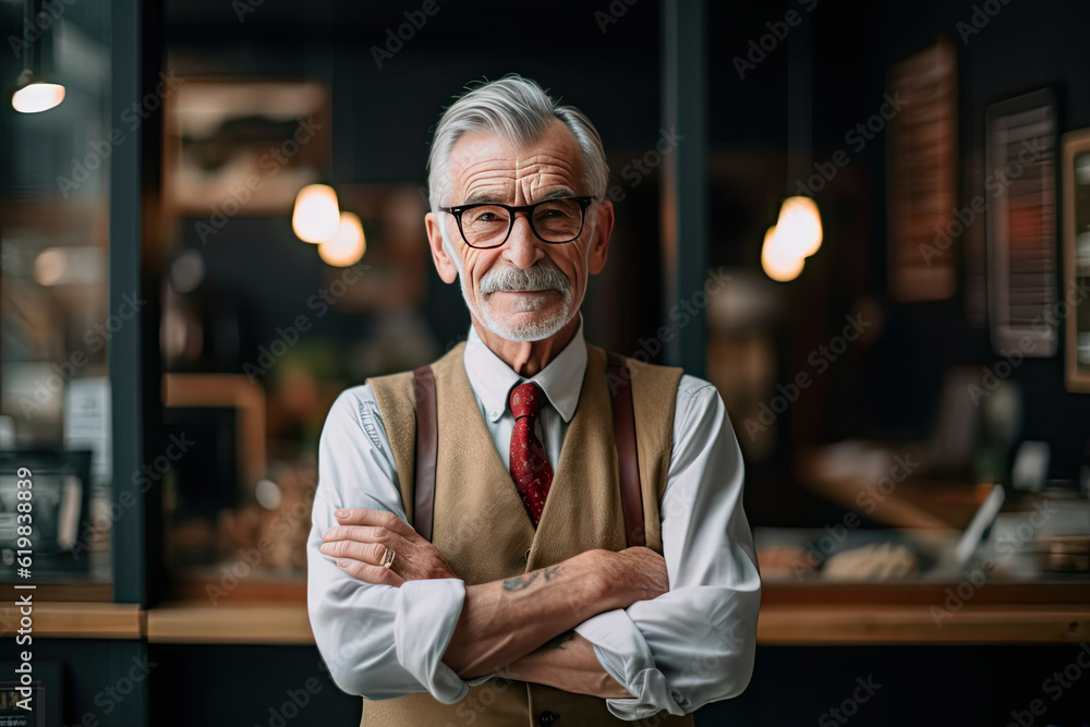 Generative AI illustration of positive senior male manager with gray ...
