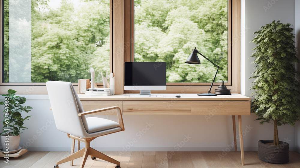 Modern home office setup, table with computer, chair, and huge glass ...
