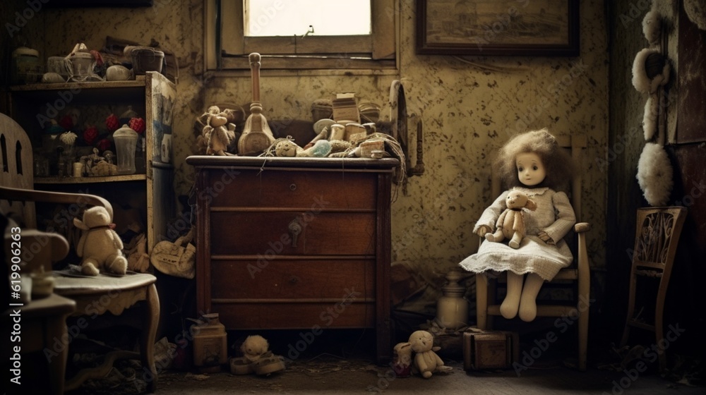 Stock-Illustration „Old vintage children's room destroyed by war or ...