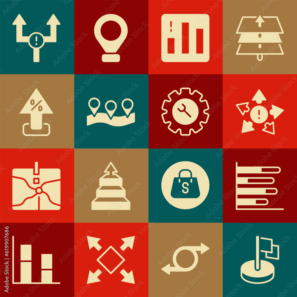 Set Flag, Pie chart infographic, Many ways directional arrow, Location, Percent up, Arrow and ...