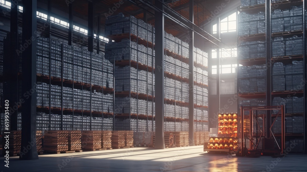 Large industrial warehouse. Tall racks completely filled with boxes and ...