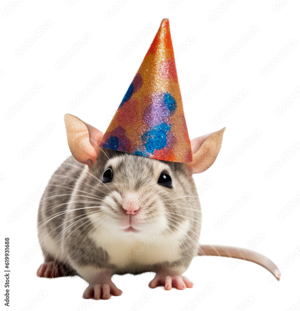 grumpy mouse wearing a party hat, funny animal isolated on a ...
