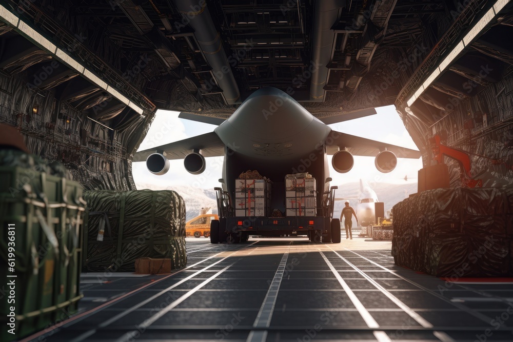 Loading transport aircraft in the hangar of the cargo terminal ...