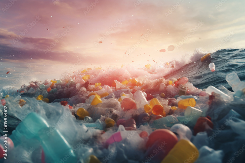 ocean covered in trash cans and plastic wrappers. can be used to create ...