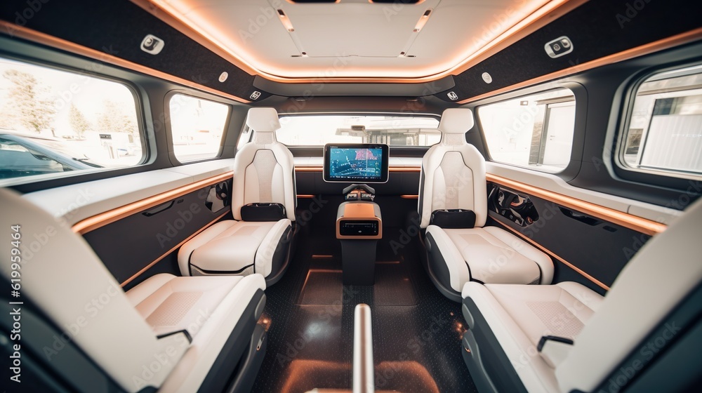 Driverless car shuttle interior with modern seats and dashboard for ...