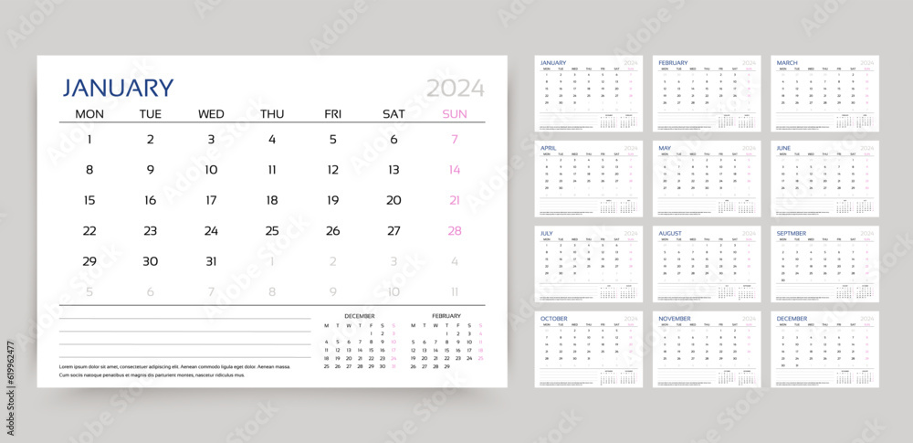 2024 calendar. Planner, calender template. Week starts Monday. Yearly ...