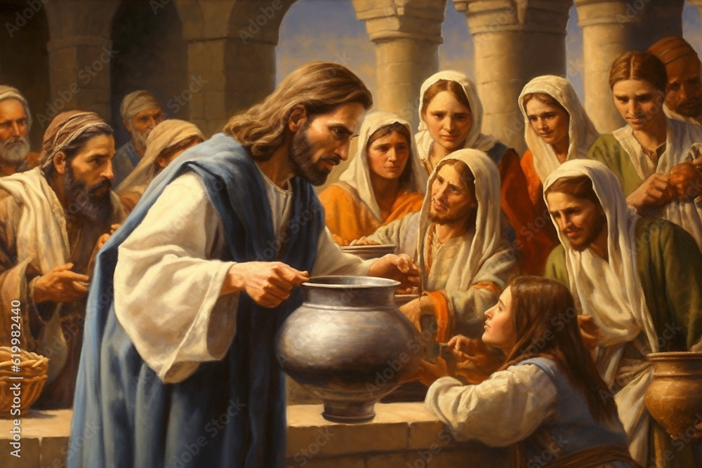 Jesus Christ turns water into wine. Religion Bible. History. During a ...