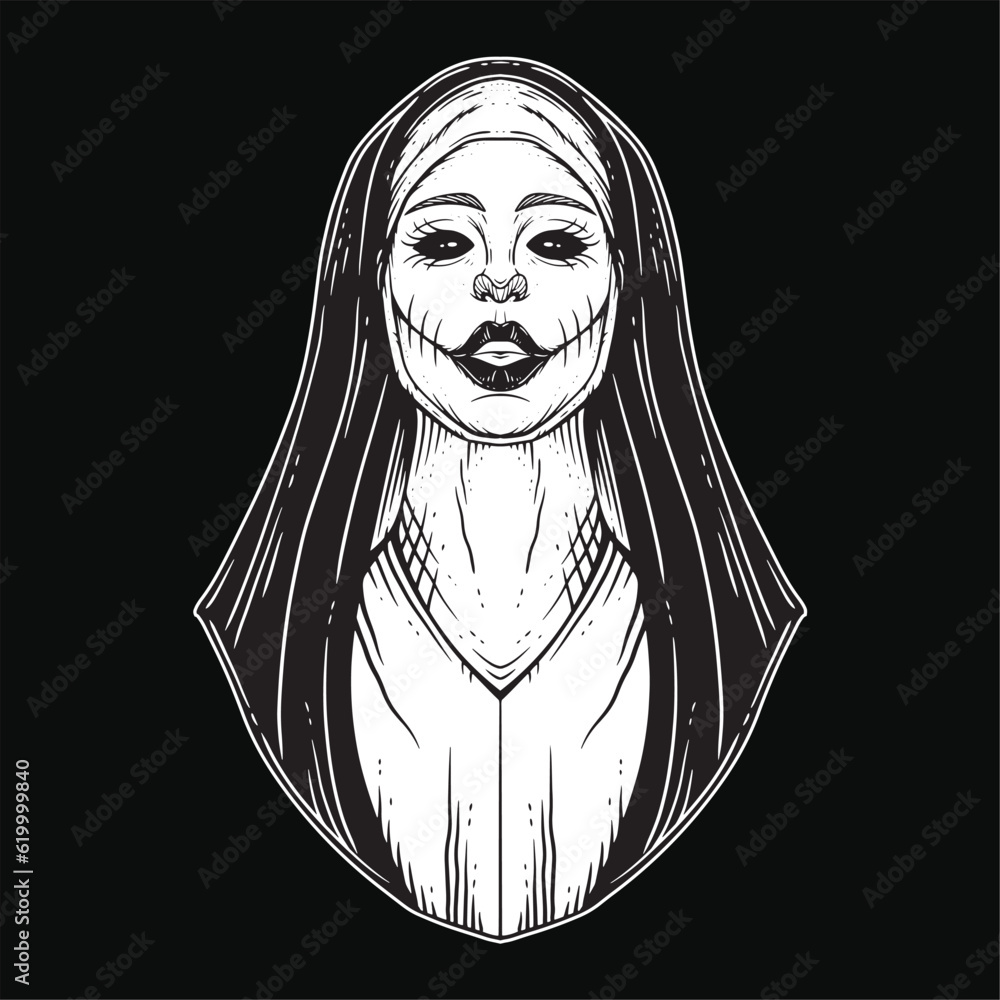 Dark Art Nun Girl Women Skull Head Ghost Horror Hatching Outline Style ...