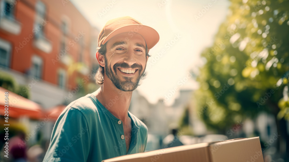 Smiling delivery man holding cardbox parcel box looking at camera ...