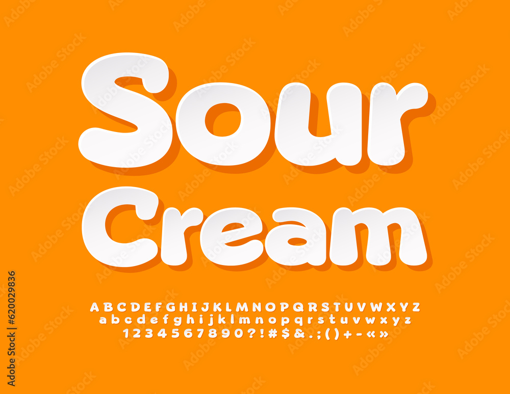 Vector delicious Sign Sour Cream. White Sticker Font. Modern Alphabet ...