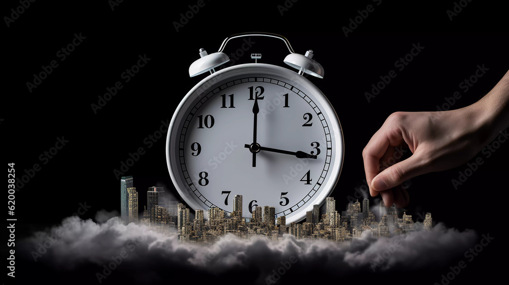 Alarm clock on fluffy white clouds and black background, time ...