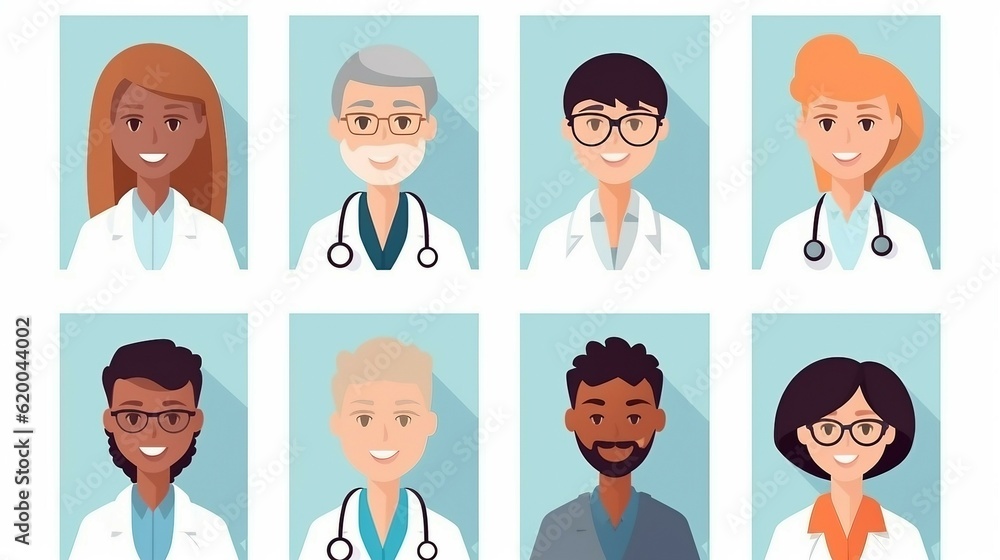 Set of flat illustration avatars of male and female doctors and medical ...