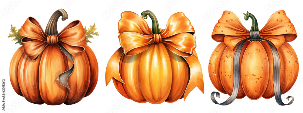 Set of Halloween pumpkin decoration watercolor style. Halloween pumpkins and bow, party elements ...
