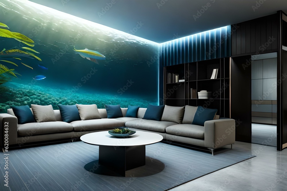 modern living room aquarium, video conference, zoom background Stock ...