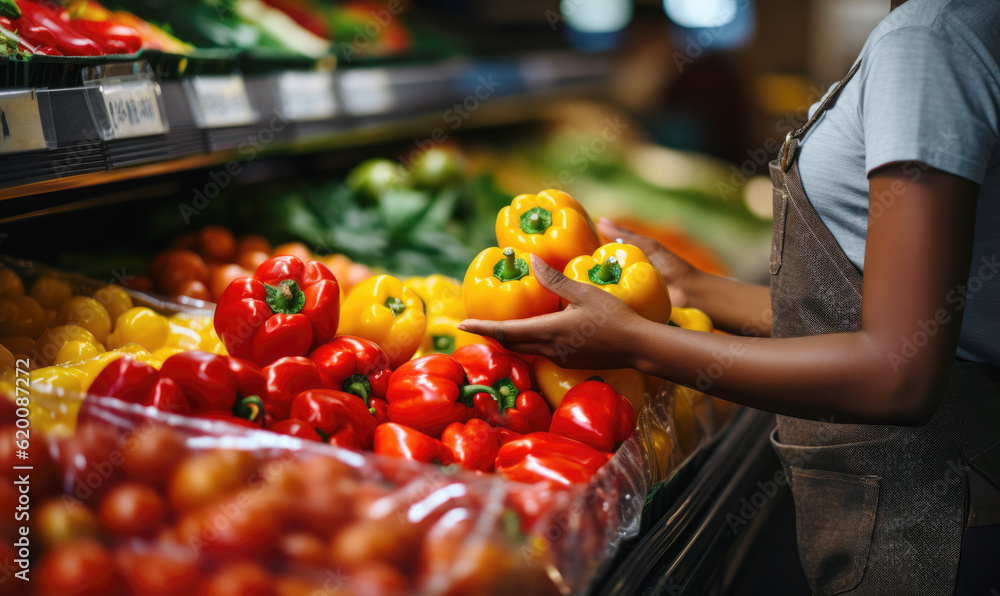 Fresh organic produce at the market supermarket grocery store, worker ...