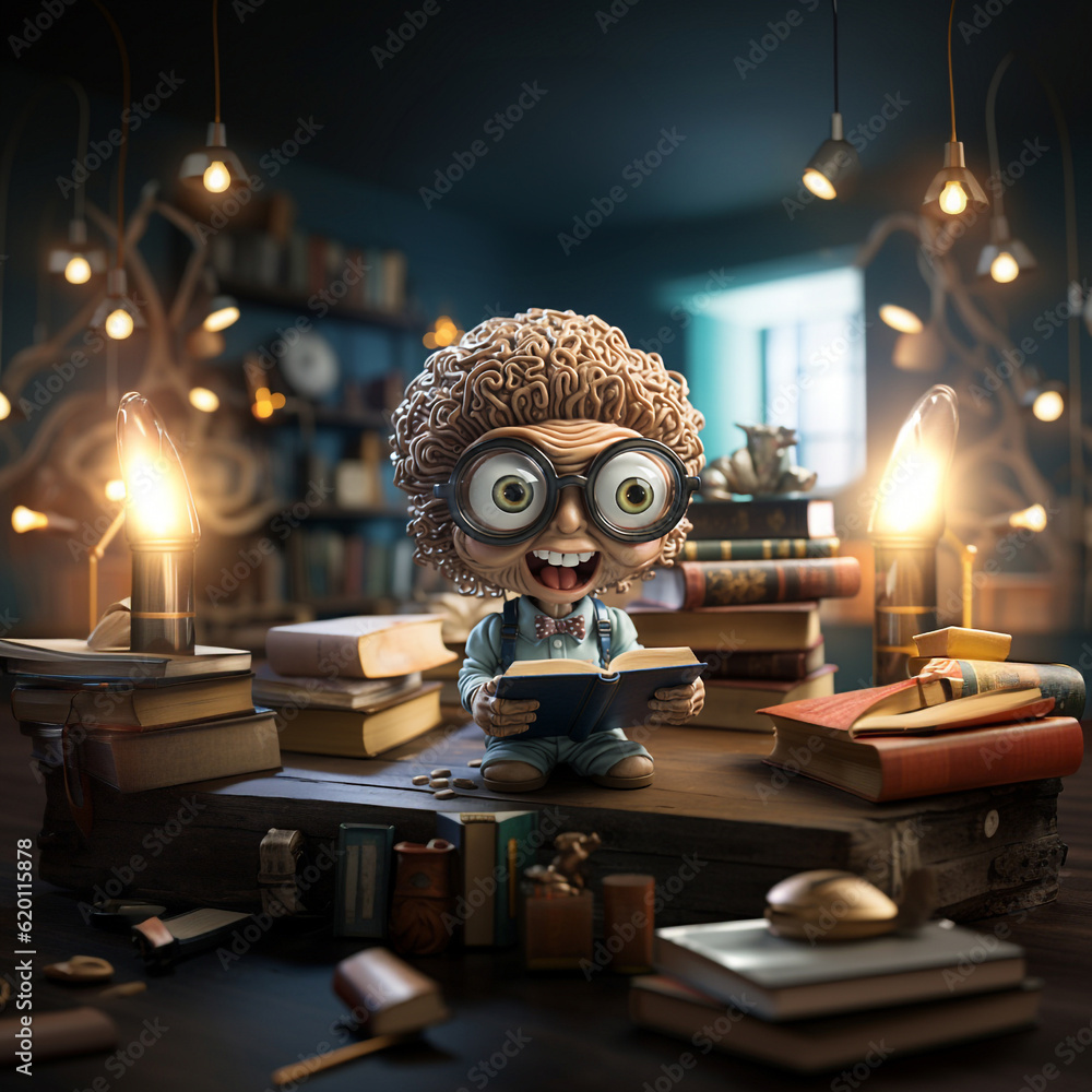 Student learning new skills, human brain with eyeglasses is reading a ...