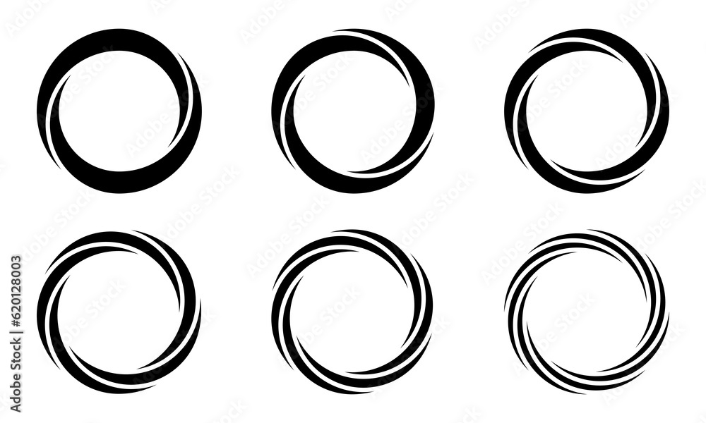 Set with circles. Rotating art lines in circle shape as symbol, logo or ...