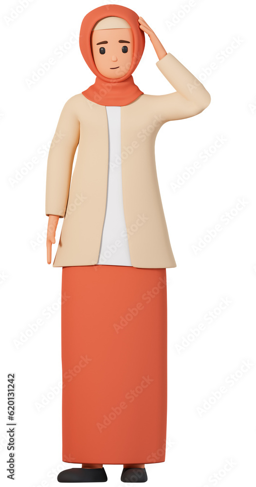 Confused puzzled muslim woman hold her head with one hand 3d ...