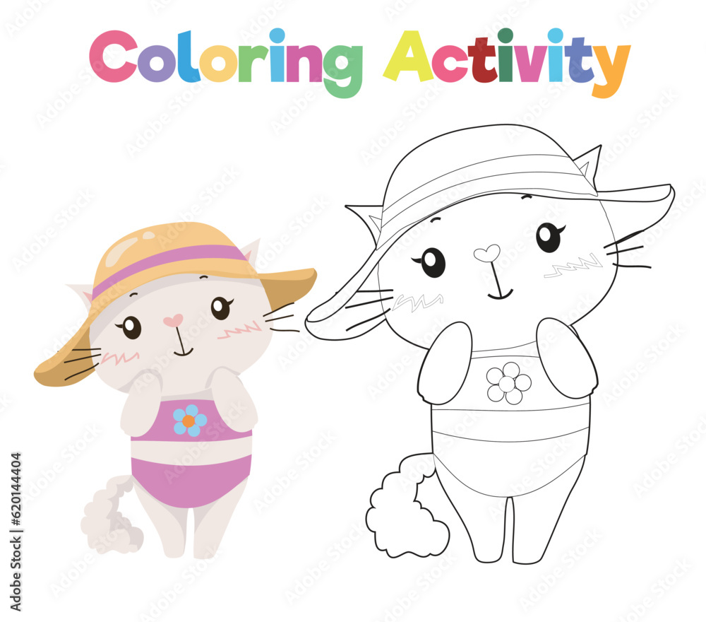 Simple colouring page with summer theme. Cute white cat wearing bikini ...