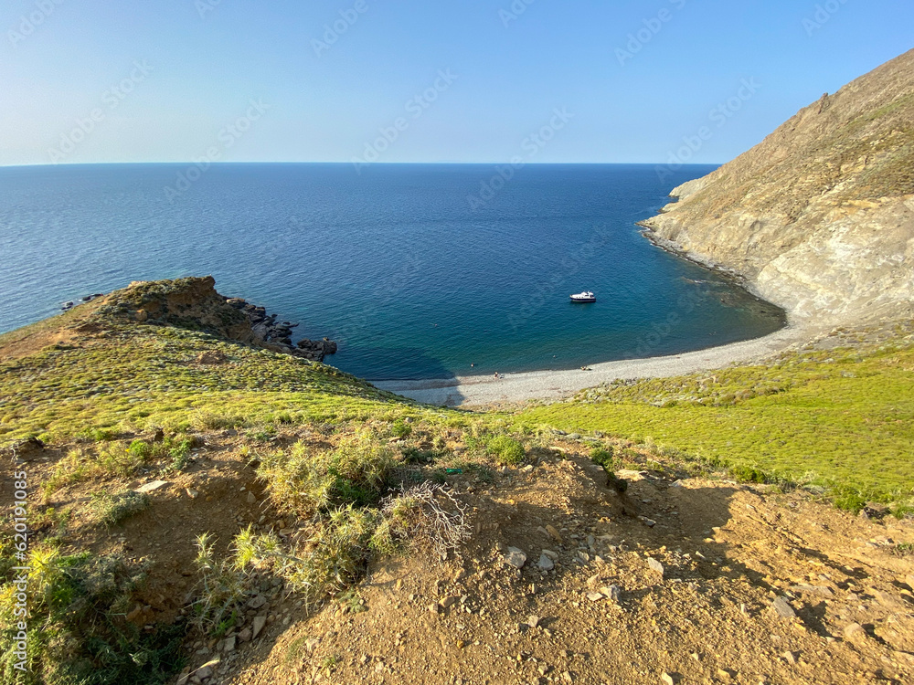 Hide angle view of Blue bay (Mavi Koy) seascape next to Gokceada Yildiz ...