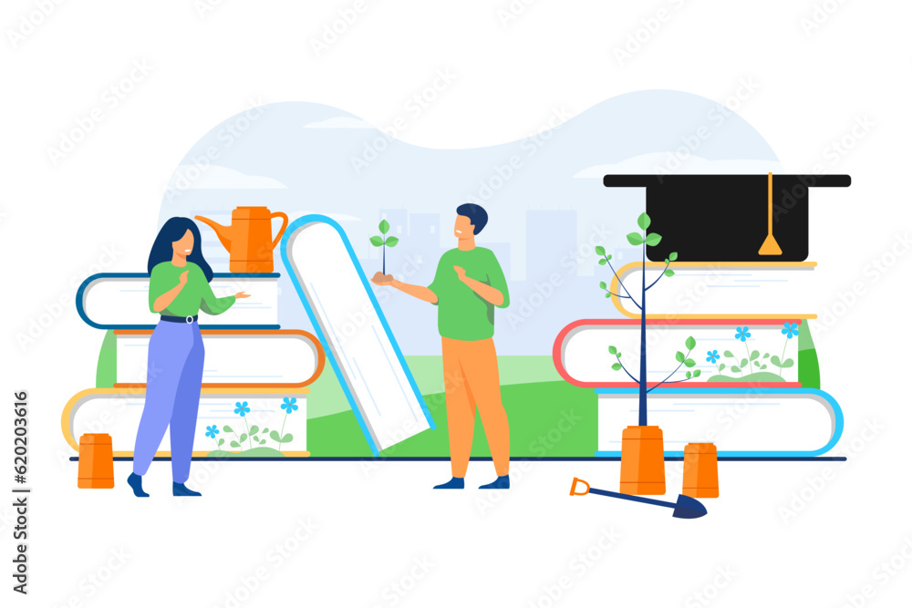 Couple studying gardening and ecology vector illustration. Cartoon ...