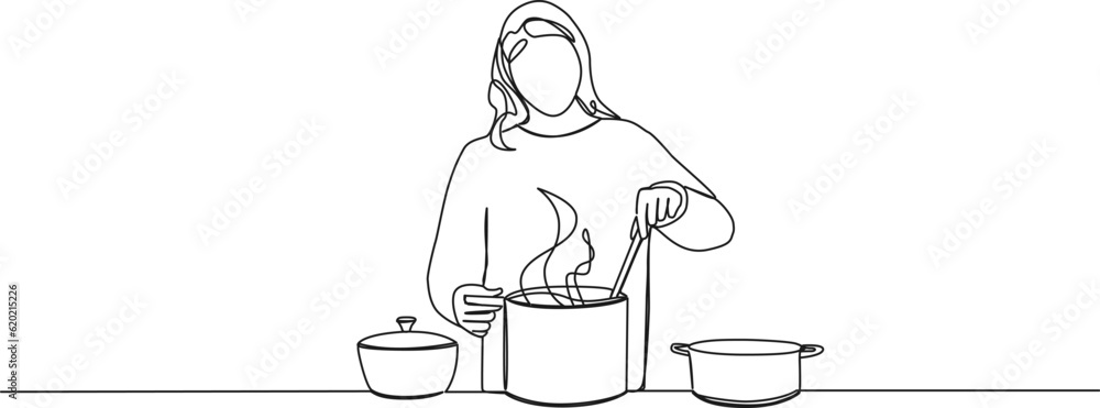 continuous single line drawing of person preparing food in kitchen ...