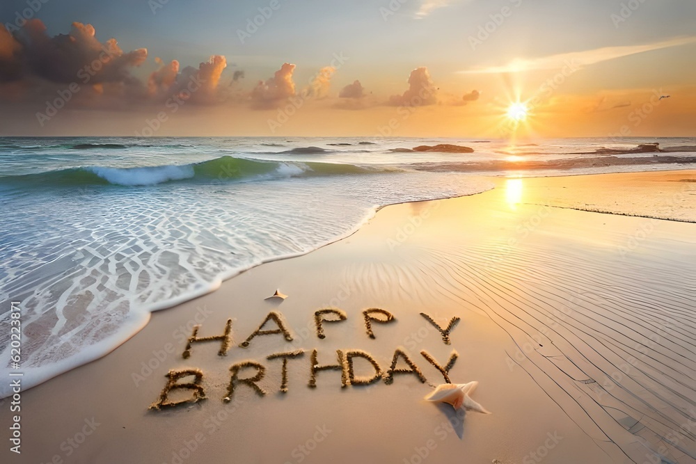 Happy Birthday message handwritten on beach generated Ai. Stock Photo ...