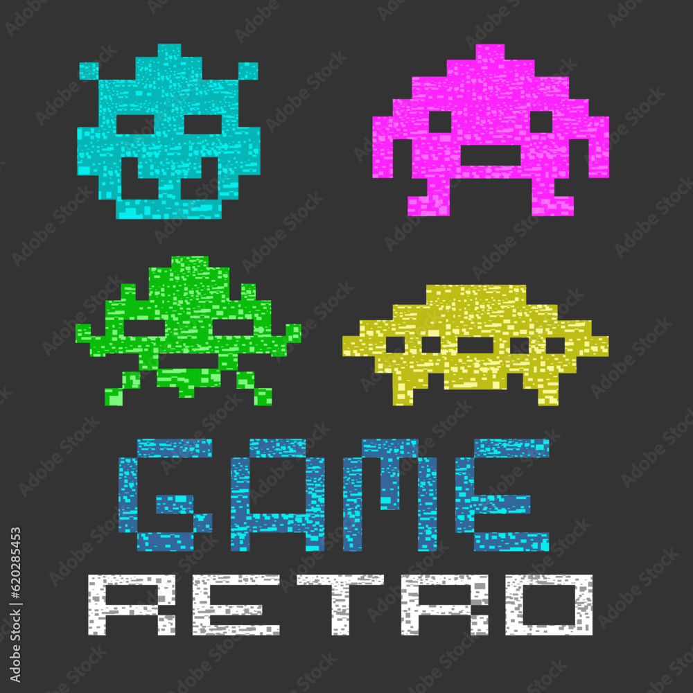 Retro game vector illustration with 4 little monsters in pixel art, 8 ...