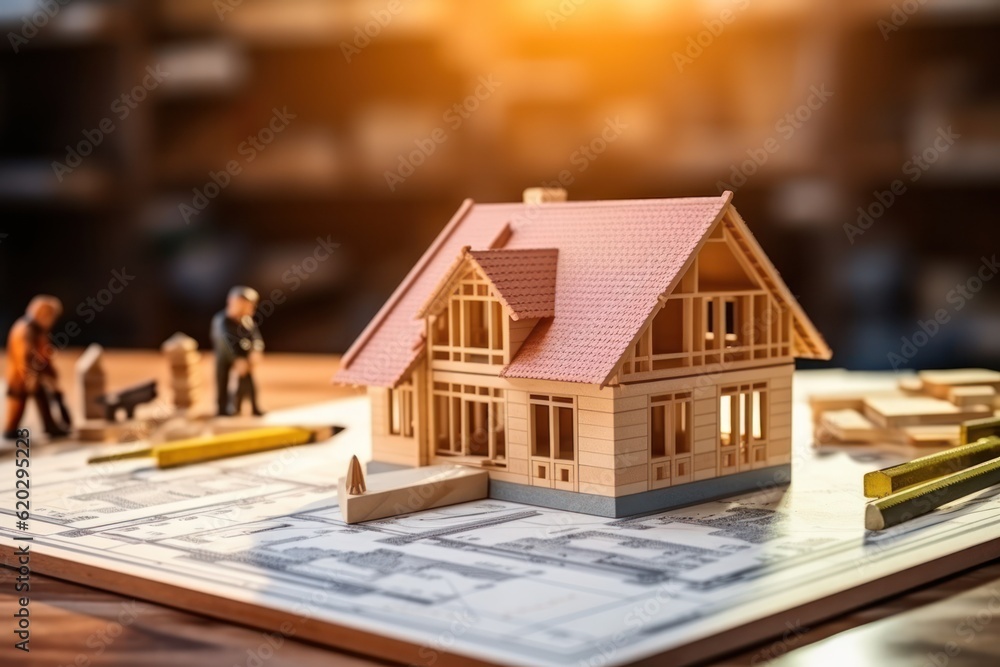 miniature construction workers construct architectural model, detailed ...