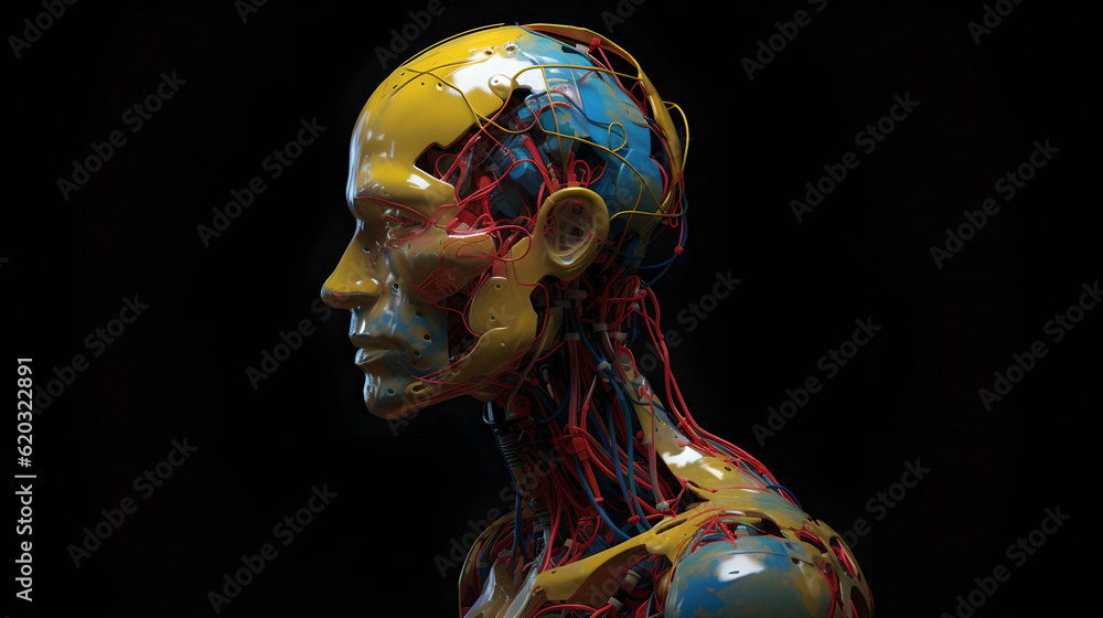 Techno Elegance: A Realistic Robotic Man Bathed in Yellow, Red, Blue ...