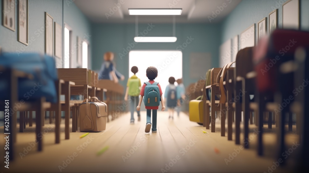 3d model of students on their first day of classes, classrooms and ...